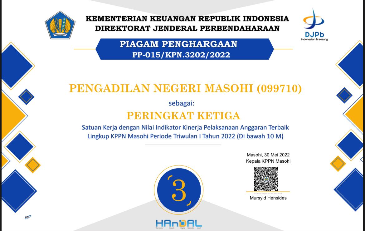 Piagam Penghargaan Triwulan I 2022 – Pengadilan Negeri Masohi